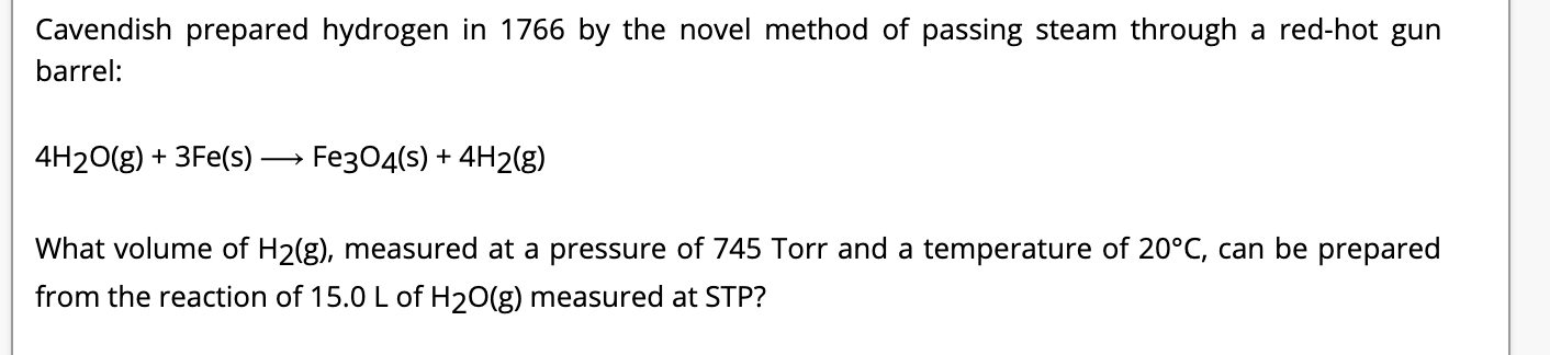 Solved Cavendish prepared hydrogen in 1766 by the novel | Chegg.com