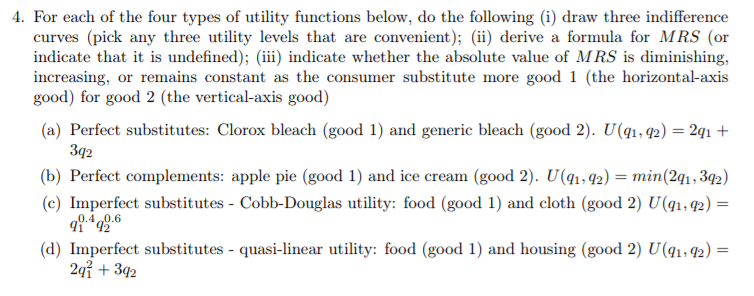 Solved 4. For each of the four types of utility functions | Chegg.com
