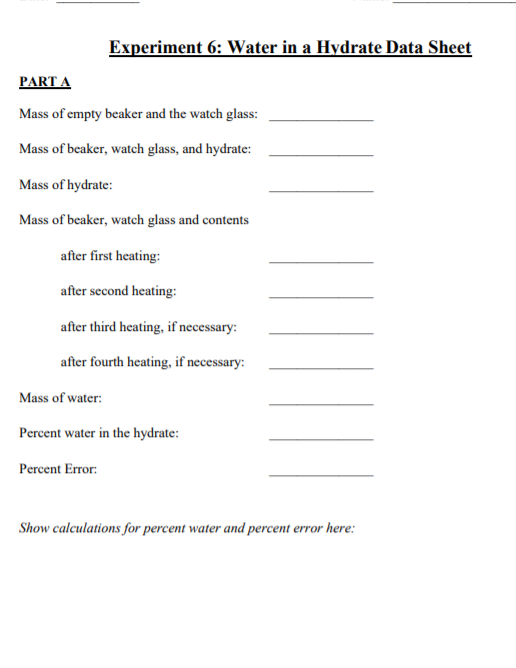 Experiment 6: Water of Hydration Procedure: Part A: | Chegg.com