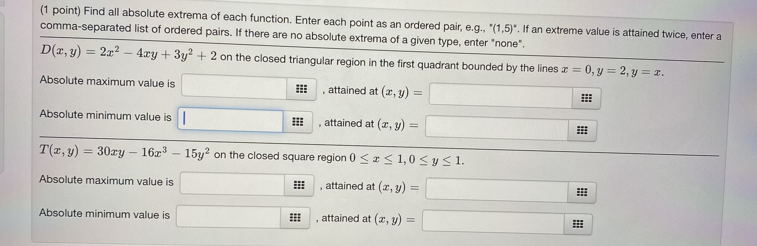 Solved (1 point) Find all absolute extrema of each function. | Chegg.com