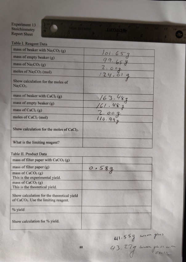 Solved Experiment 13 Stoichiometry Report Sheet Table 1. | Chegg.com