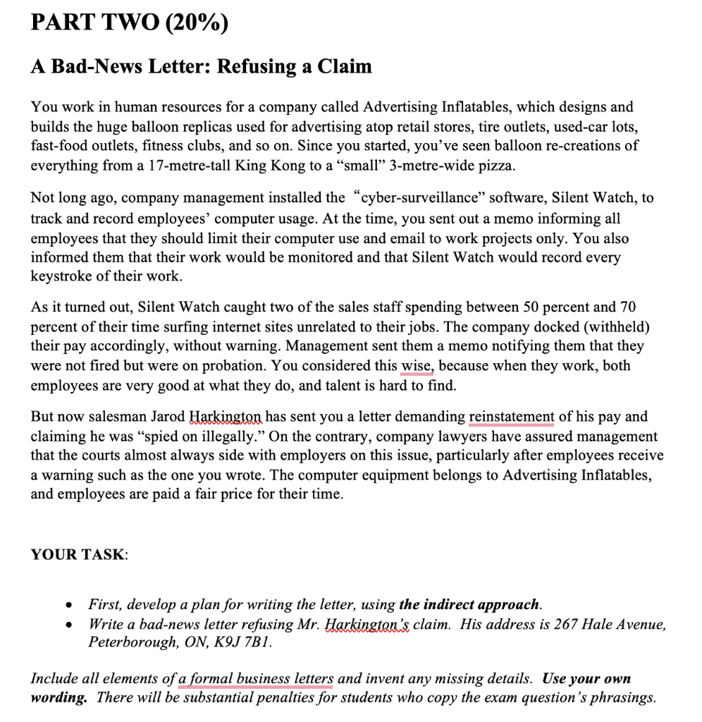 Solved PART TWO (20%) A Bad-News Letter: Refusing a Claim | Chegg.com