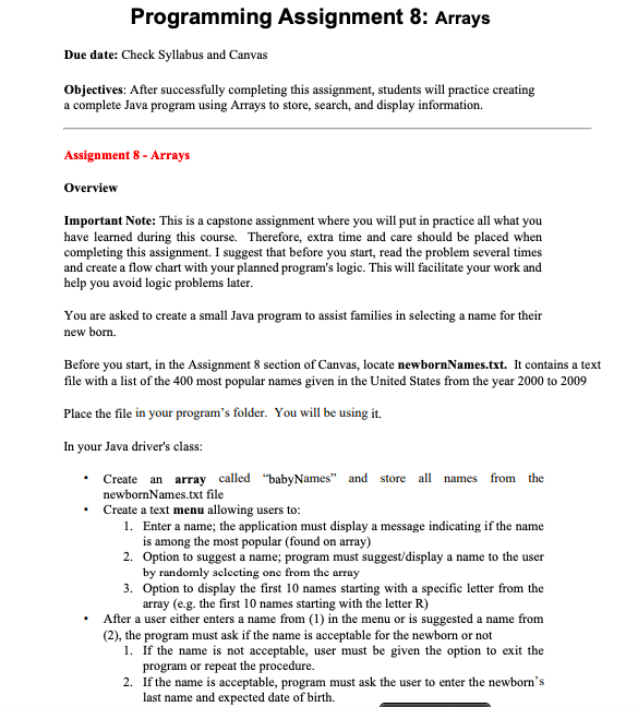 Solved Programming Assignment 8: Arrays Due date: Check | Chegg.com