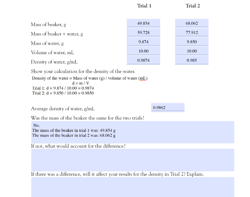 Solved Can you check the density of water and answer 2 | Chegg.com