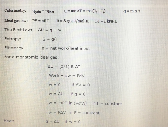 Solved Calorimetry: qgain--qlost q=mcdT=mc(Tr-T) Ideal gas | Chegg.com