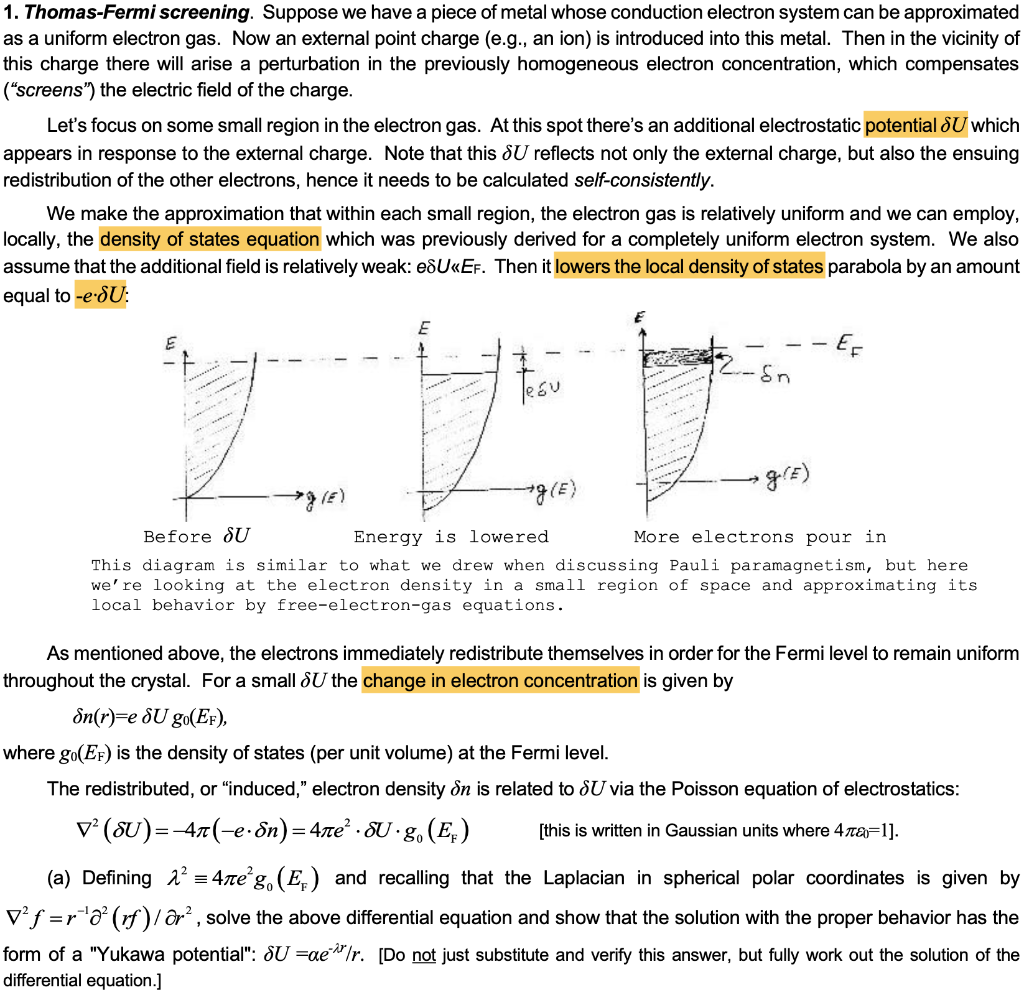 1. Thomas-Fermi screening. Suppose we have a piece of | Chegg.com
