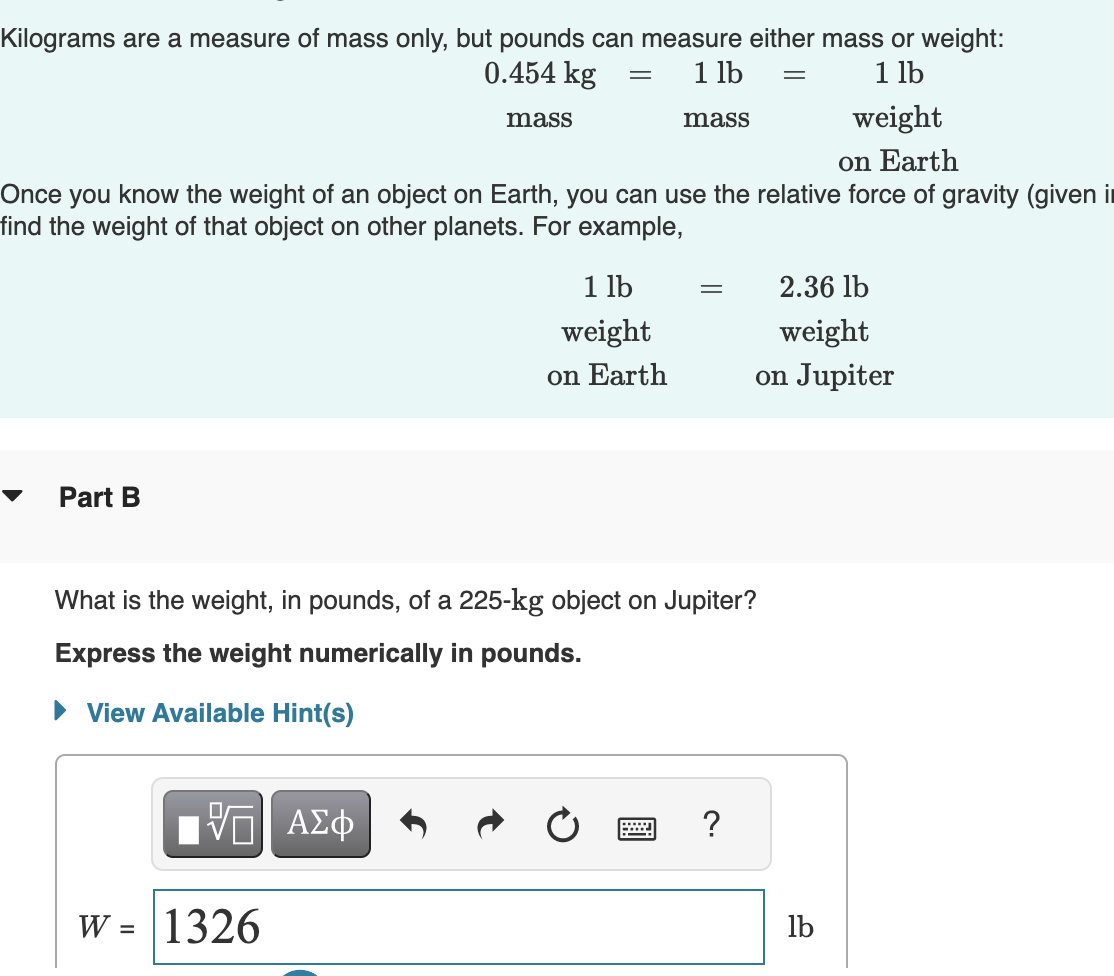 Solved 0.454 kg=1lb=1lb mass mass weight on Earth Once you | Chegg.com