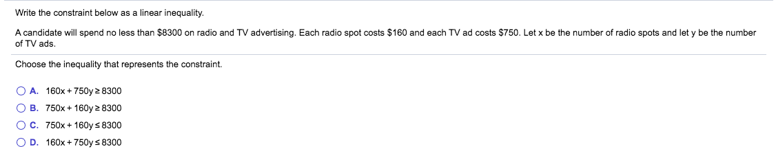 Solved Write the constraint below as a linear inequality. A | Chegg.com