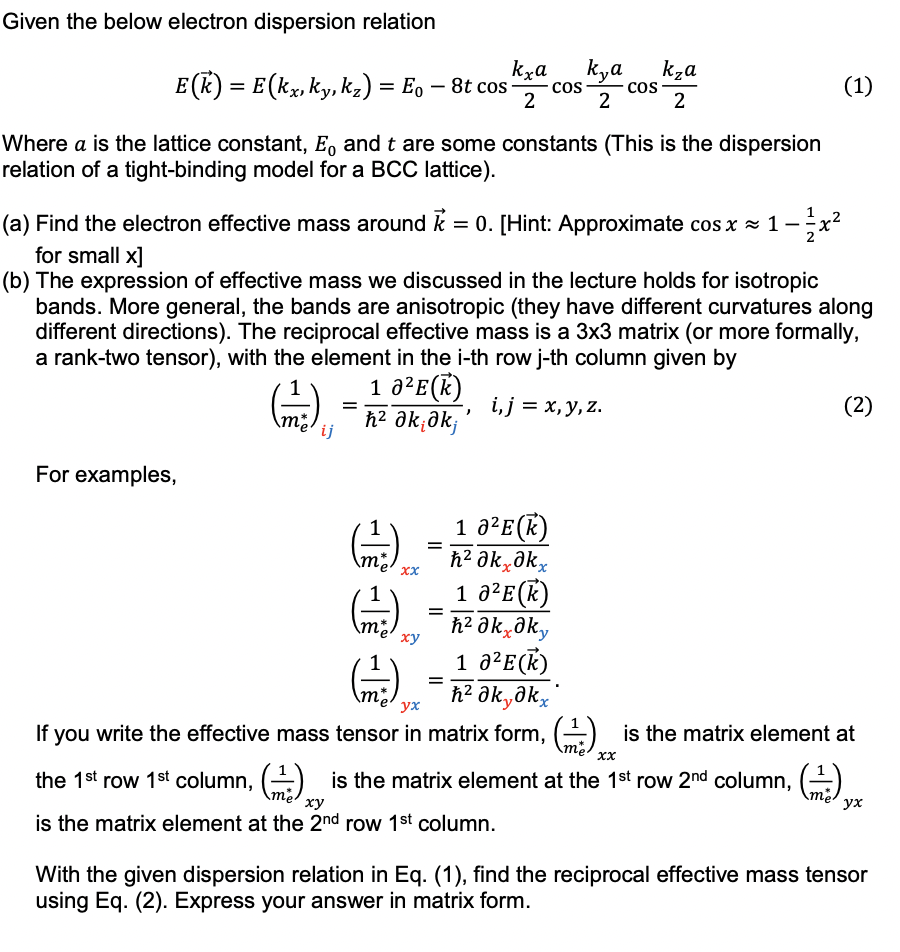 Solved Given the below electron dispersion relation For | Chegg.com