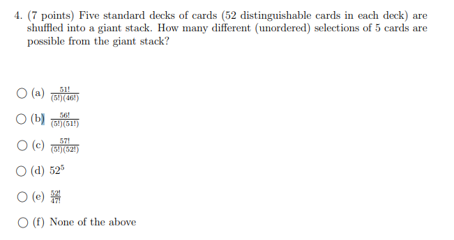 Solved 4. (7 points) Five standard decks of cards (52 | Chegg.com