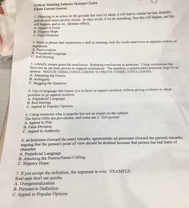Solved Critical Thinking Fallacies Multiple Choice Circle | Chegg.com