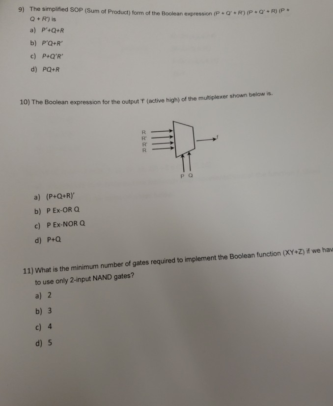 Solved 9) The simplified SOP (Sum of Product) form of the | Chegg.com