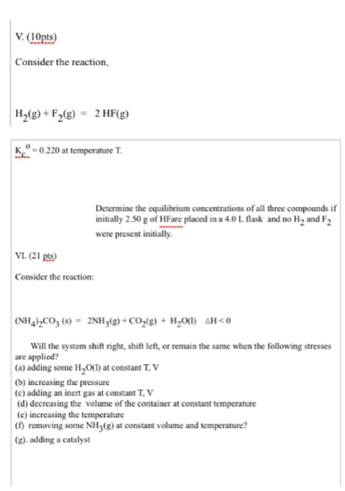 Solved V.(10pts) Consider the reaction, H2(g)+ F2(g)= 2HF(g) | Chegg.com