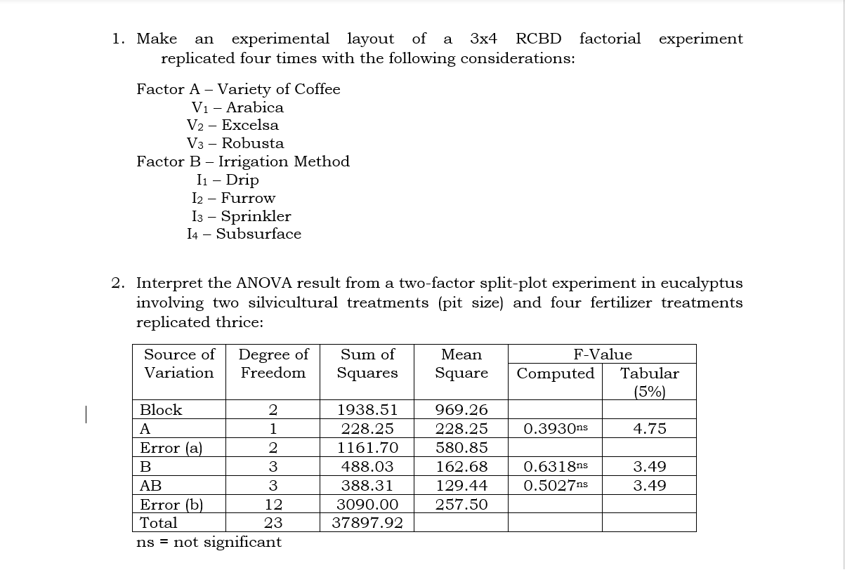 Solved an a 1. Make experimental layout of 3x4 RCBD | Chegg.com