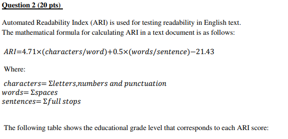 Solved Question 2 (20 pts Automated Readability Index (ARI) | Chegg.com