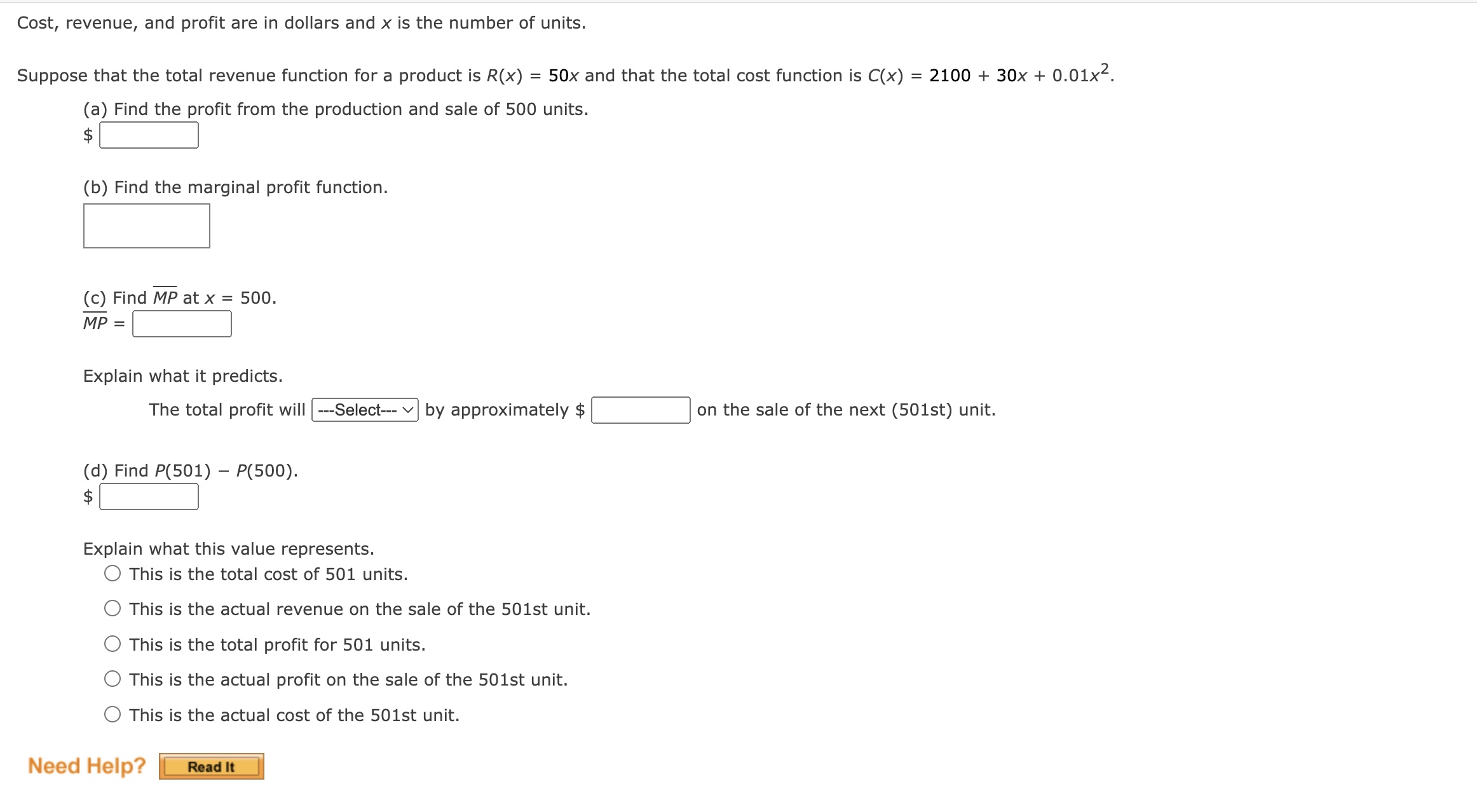 Solved Cost, revenue, and profit are in dollars and x is the | Chegg.com