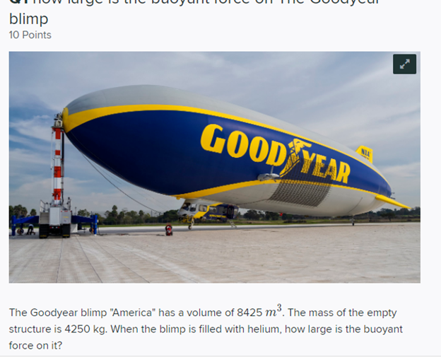 Solved The Goodyear blimp "America" has a volume of 8425 m3. | Chegg.com