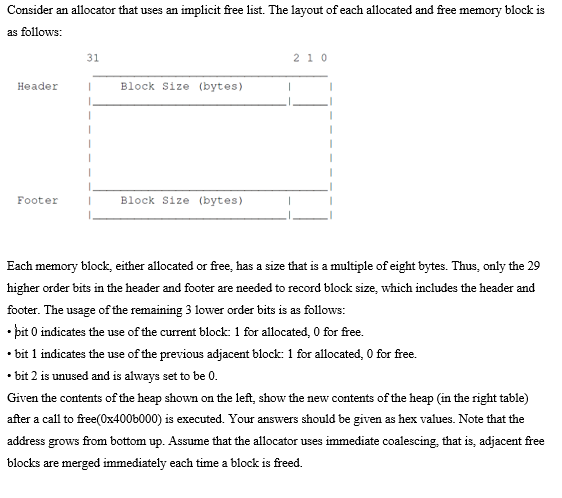 Solved Consider an allocator that uses an implicit free | Chegg.com