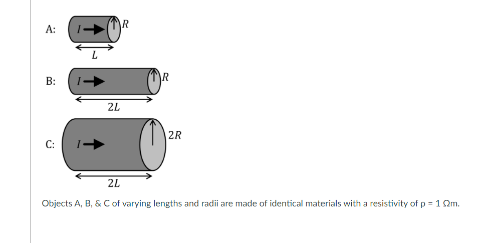 Solved A: R B: R 2L 2R C: 2L Objects A, B, & C of varying | Chegg.com