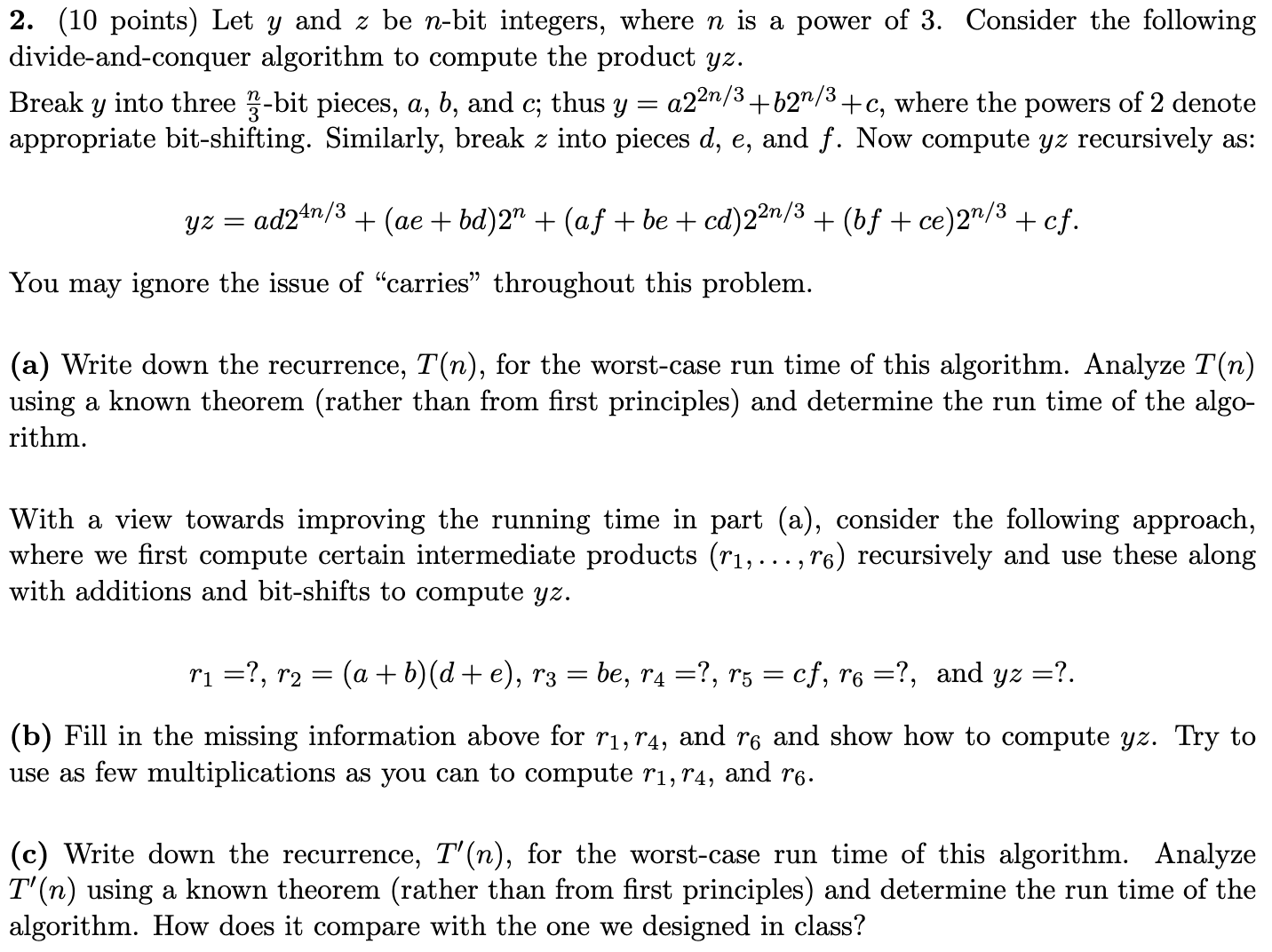 Solved (10 ﻿points) ﻿Let y ﻿and z ﻿be n-bit integers, where | Chegg.com
