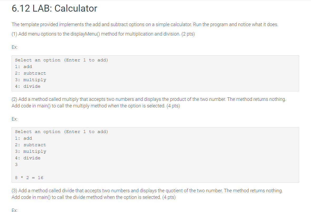 Solved 6.12 LAB: Calculator The template provided implements | Chegg.com