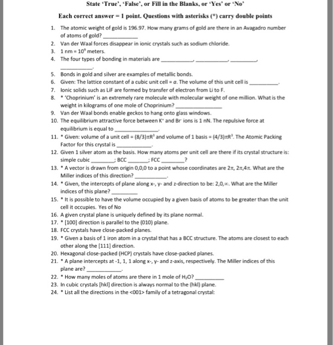 Solved State True. False. or Fill in the Blanks, or 'Yes' or | Chegg.com