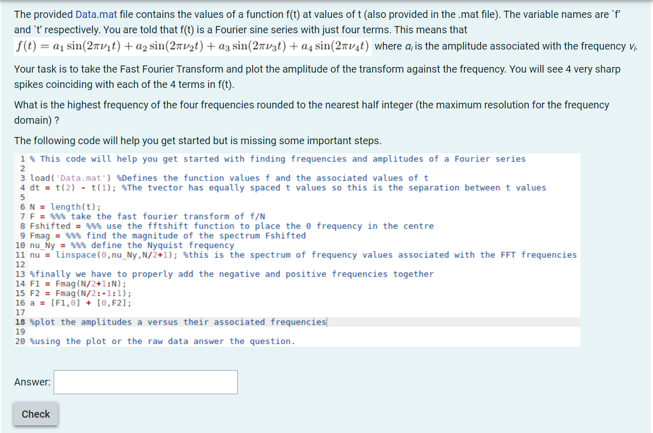 The provided Data.mat file contains the values of a | Chegg.com