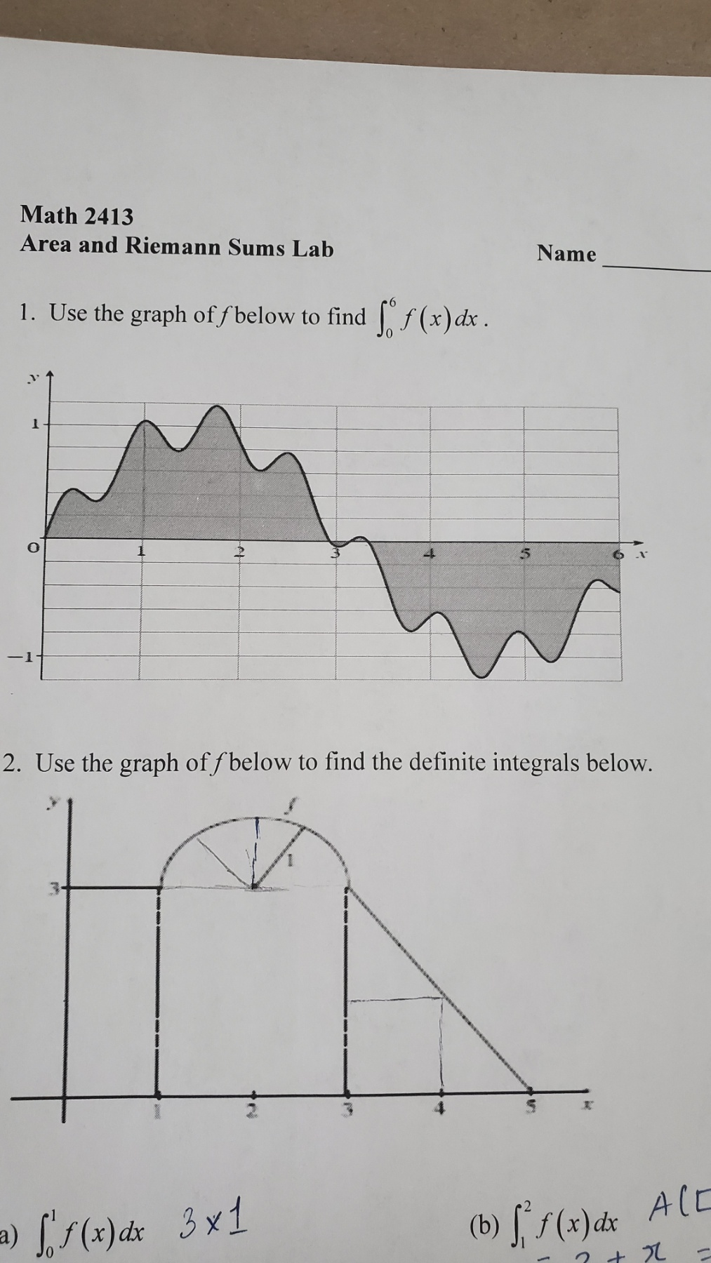Solved Math 2413 Area and Riemann Sums Lab Name 1. Use the | Chegg.com