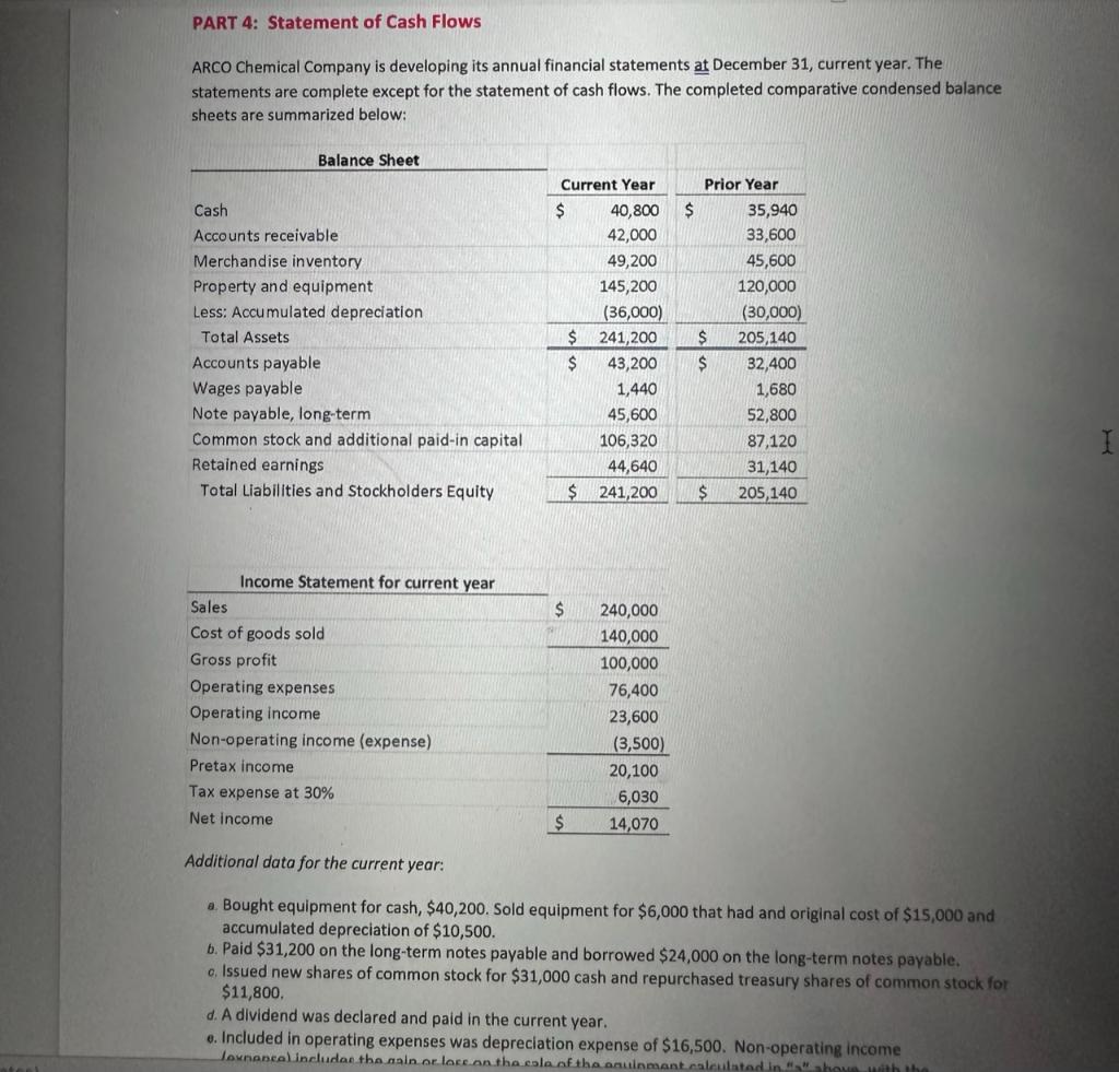 Solved PART 4: Statement of Cash Flows ARCO Chemical Company | Chegg.com
