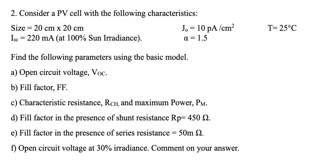 2. Consider a PV cell with the following | Chegg.com
