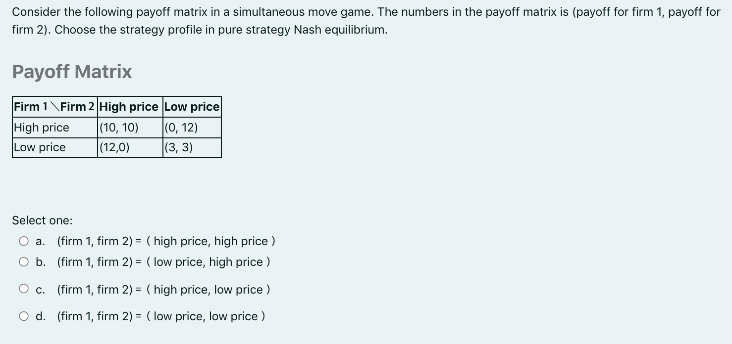 Solved Consider the following payoff matrix in a | Chegg.com
