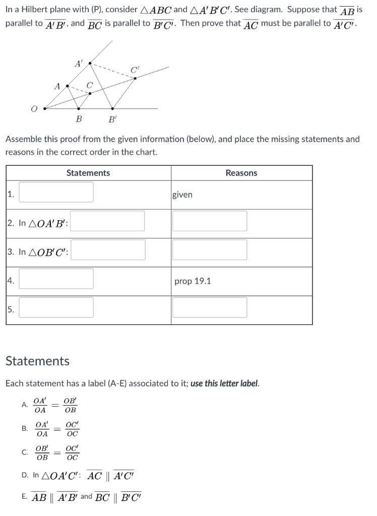 In a Hilbert plane with (P), consider AABC and | Chegg.com