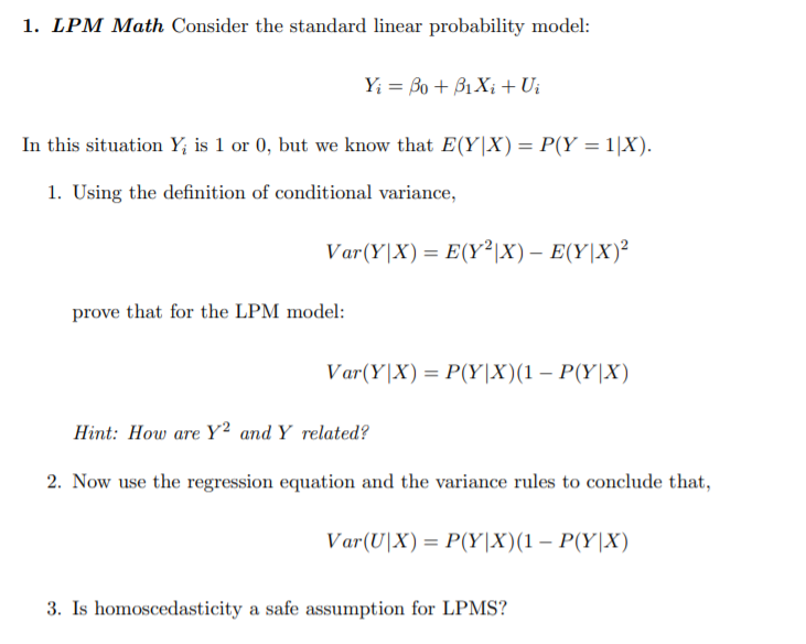 Solved 1. LPM Math Consider the standard linear probability | Chegg.com