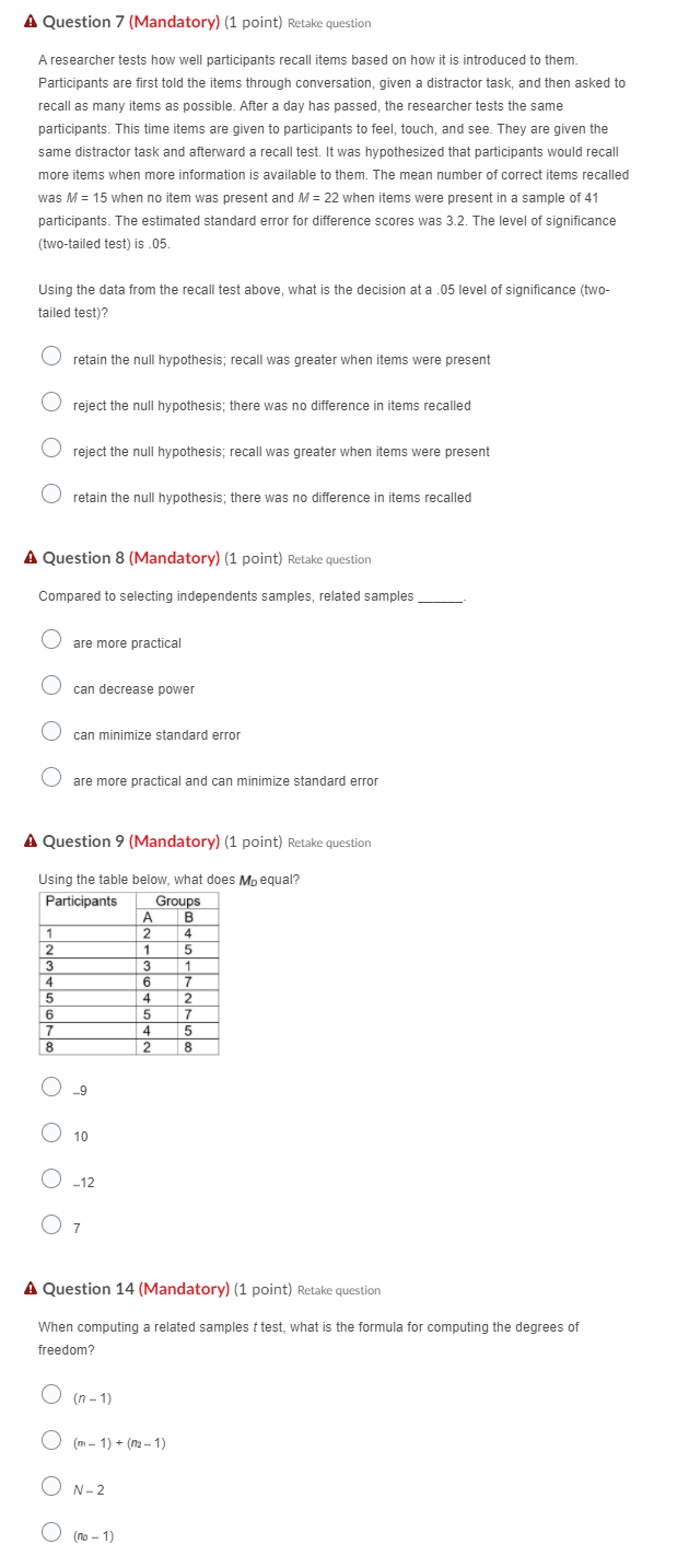 Solved A Question 7 (Mandatory) (1 point) Retake question A | Chegg.com