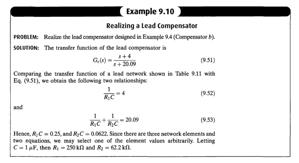 Solved Example 9.10 Realizing a Lead Compensator PROBLEM: | Chegg.com