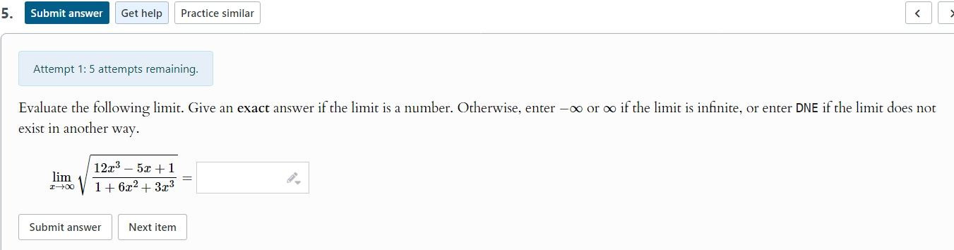 Solved Attempt 1: 5 ﻿attempts remaining.Evaluate the | Chegg.com