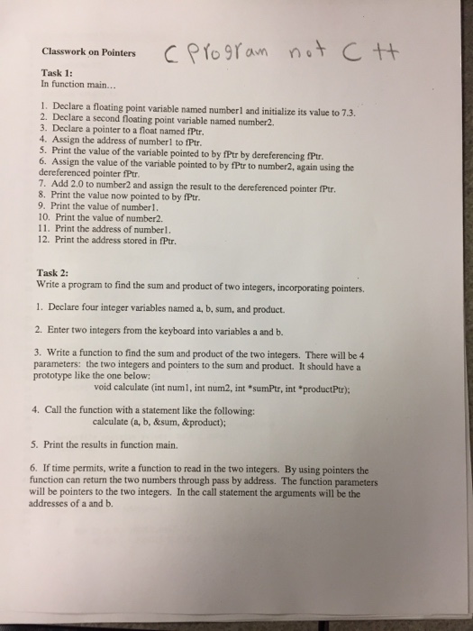 Solved Classwork On Pointers Task 1 In Function Main