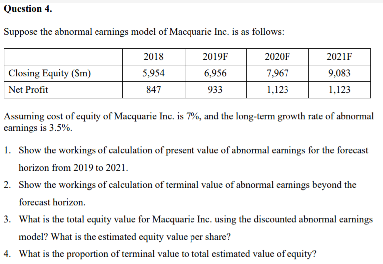 Question 4. Suppose the abnormal earnings model of | Chegg.com