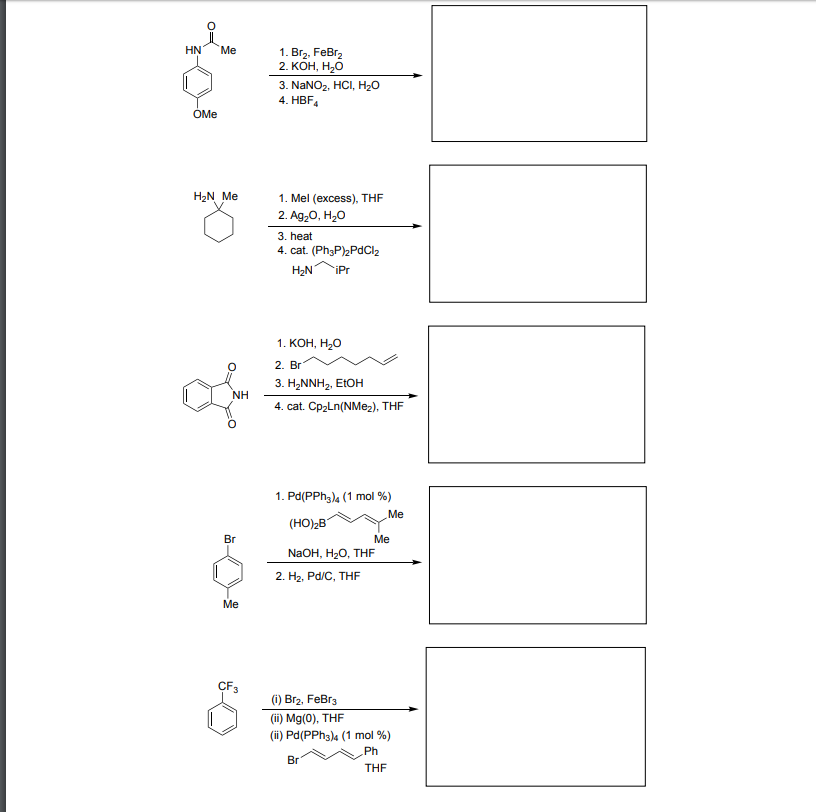 Solved HN Me 1. Br2. FeBr2 2. KOH, H20 3. NaNO2, HCI, H20 4. | Chegg.com