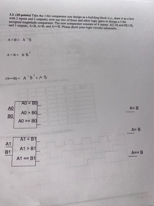 Solved 3.3. (20 points) Take the 1-bit comparator you design | Chegg.com