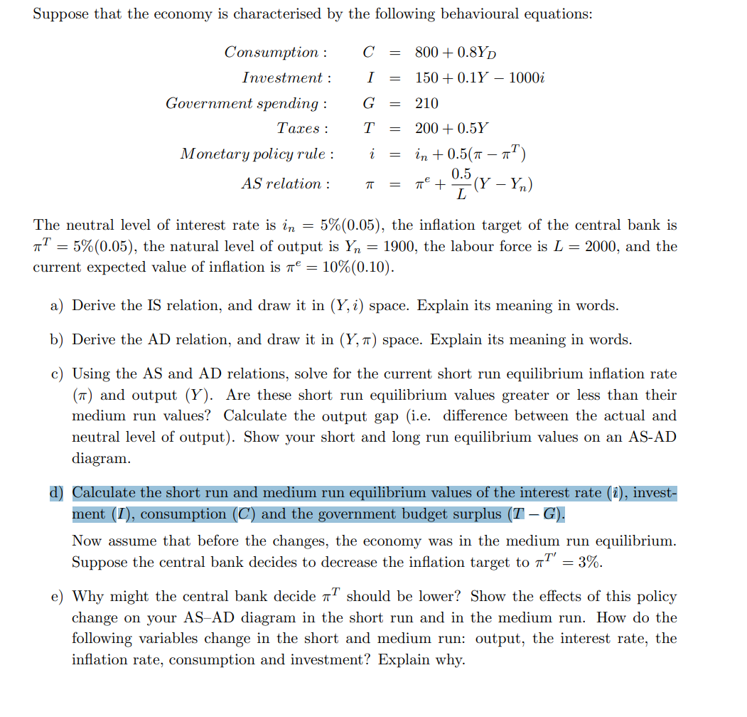 Solved Consumption: C=800+0.8YD Investment: I=150+0.1Y−1000i | Chegg.com