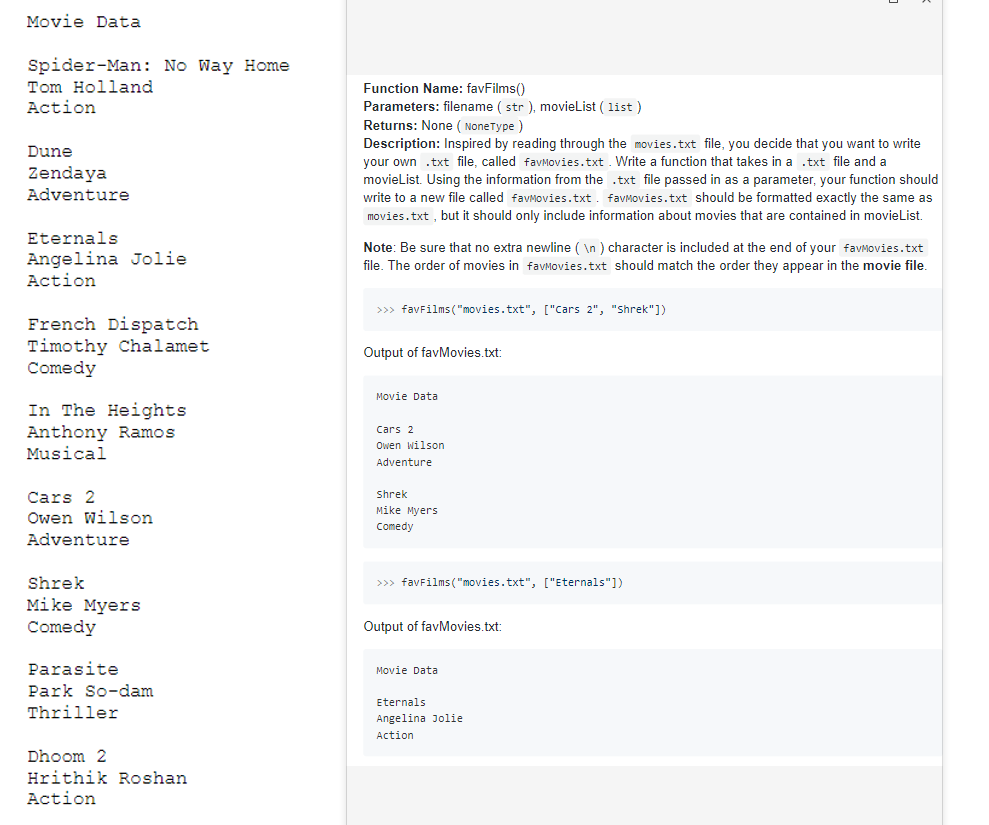 Solved Function Name: favFilms() Parameters: filename ( str | Chegg.com