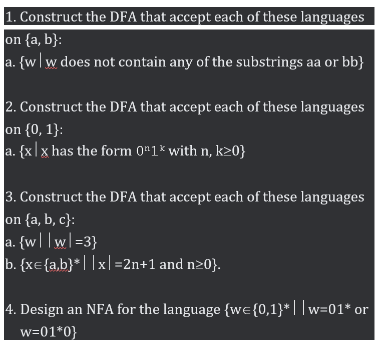 Solved 1. Construct the DFA that accept each of these | Chegg.com
