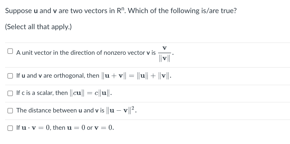 Solved Suppose u and v are two vectors in Rn. Which of the | Chegg.com