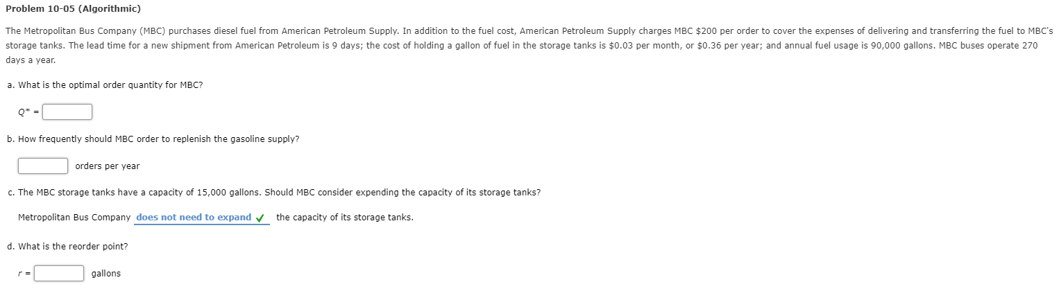 Solved Problem 10-05 (Algorithmic) The Metropolitan Bus | Chegg.com