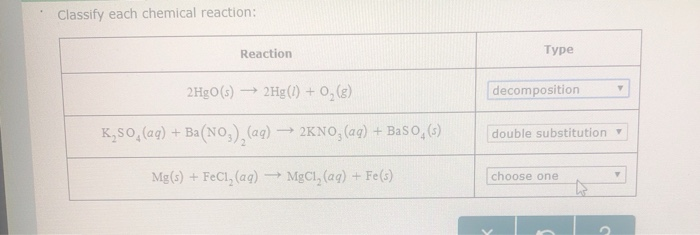 Solved Classify each chemical reaction: Type Reaction | Chegg.com