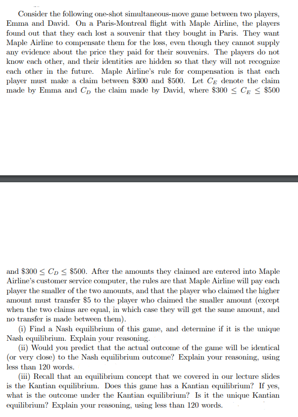 Solved Consider the following one-shot simultaneous-move | Chegg.com