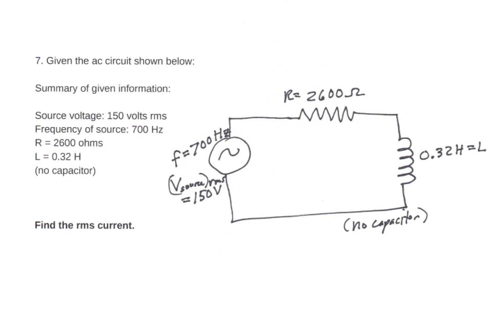Solved 7. Given the ac circuit shown below: Summary of given | Chegg.com