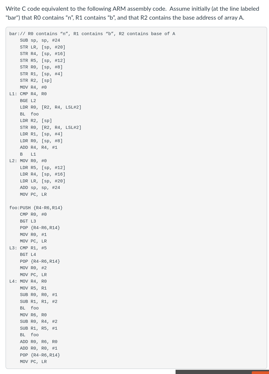 Write C code equivalent to the following ARM assembly | Chegg.com