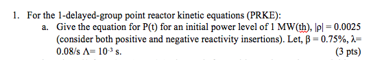 1. For the 1-delayed-group point reactor kinetic | Chegg.com